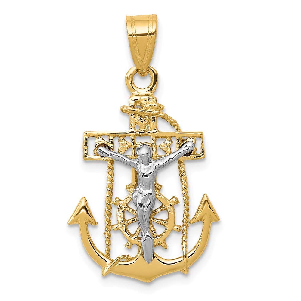 Solid 14k Yellow and White Gold Two Tone Anchor Mariners Cross Pendant Charm - 29mm x 17mm