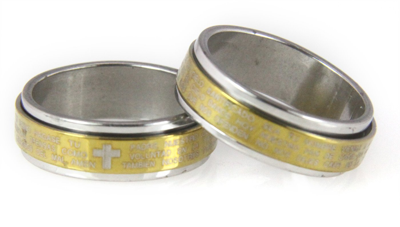 S30 Polished Gold Tone Stainless Steel Spinner Ring Spanish Our Father Lord's Prayer Padre Nuestro Jesus Christ (10)
