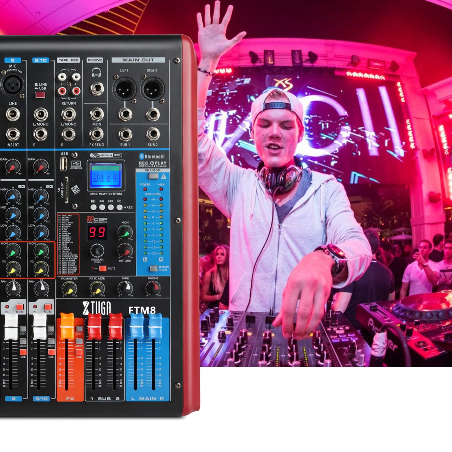 XTUGA FTM8 8-Channel Professional Audio Mixer Sound Built-in 99-bit DSP Digital effect with Recordable function and Digital display MP3,Bluetooth,USB,EQ,Effects (8-Channel)