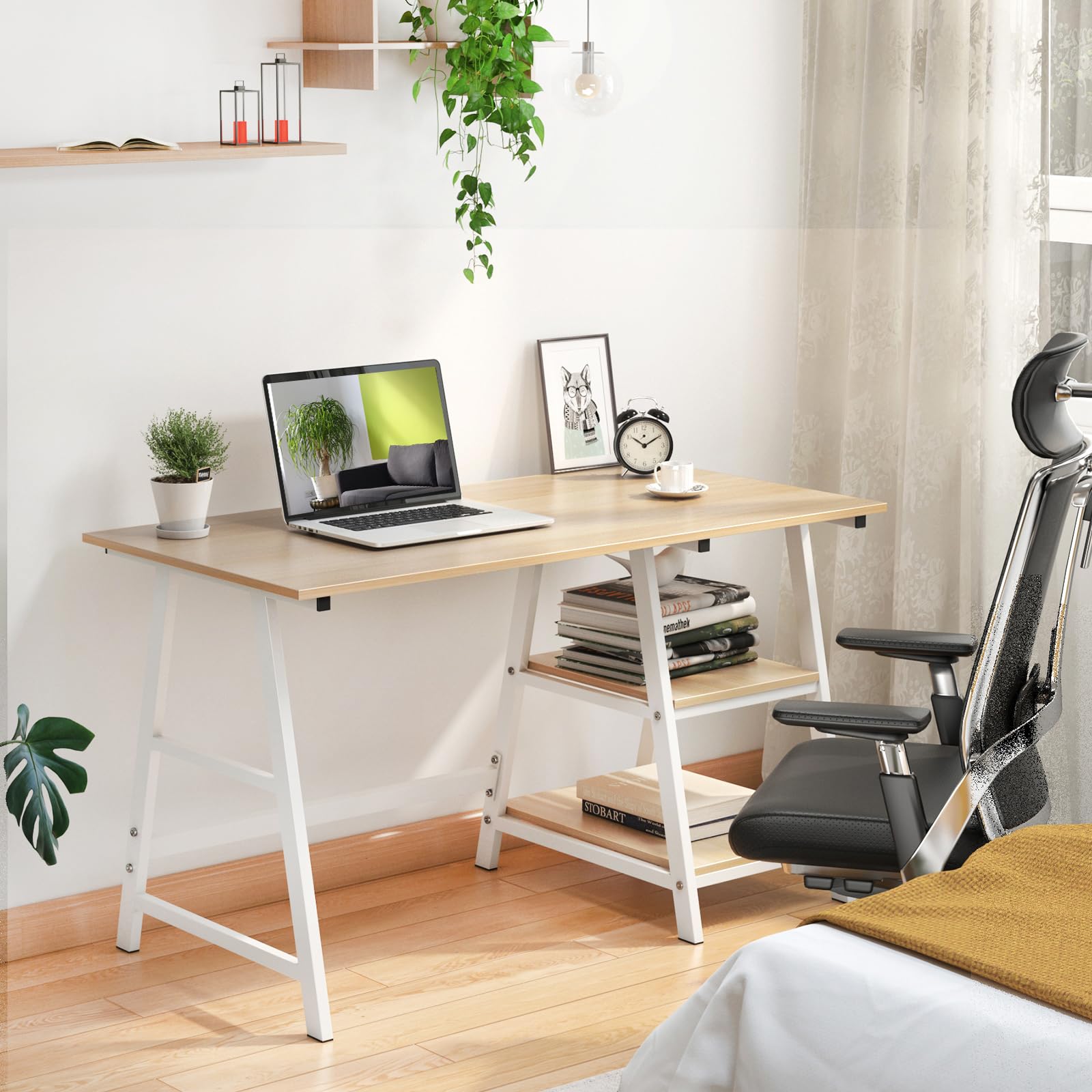 SogesGame Computer Desk Laptop PC Desk,Trestle Desk Writing Study Home Office Workstation with 2 Storage Shelf, Easy to Assemble Table for Home Office Study Writing and Office (55 inches, Maple)