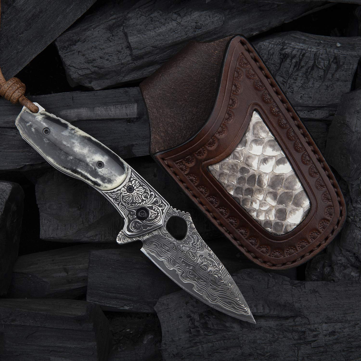 SPIRIT DEED EDC Pocket Knife for Men,2.5in Japanese Handmade VG0 Damascus Steel,Bone Handle,Liner Lock,Leather Sheath,Folding Knives for Camping and Hunting