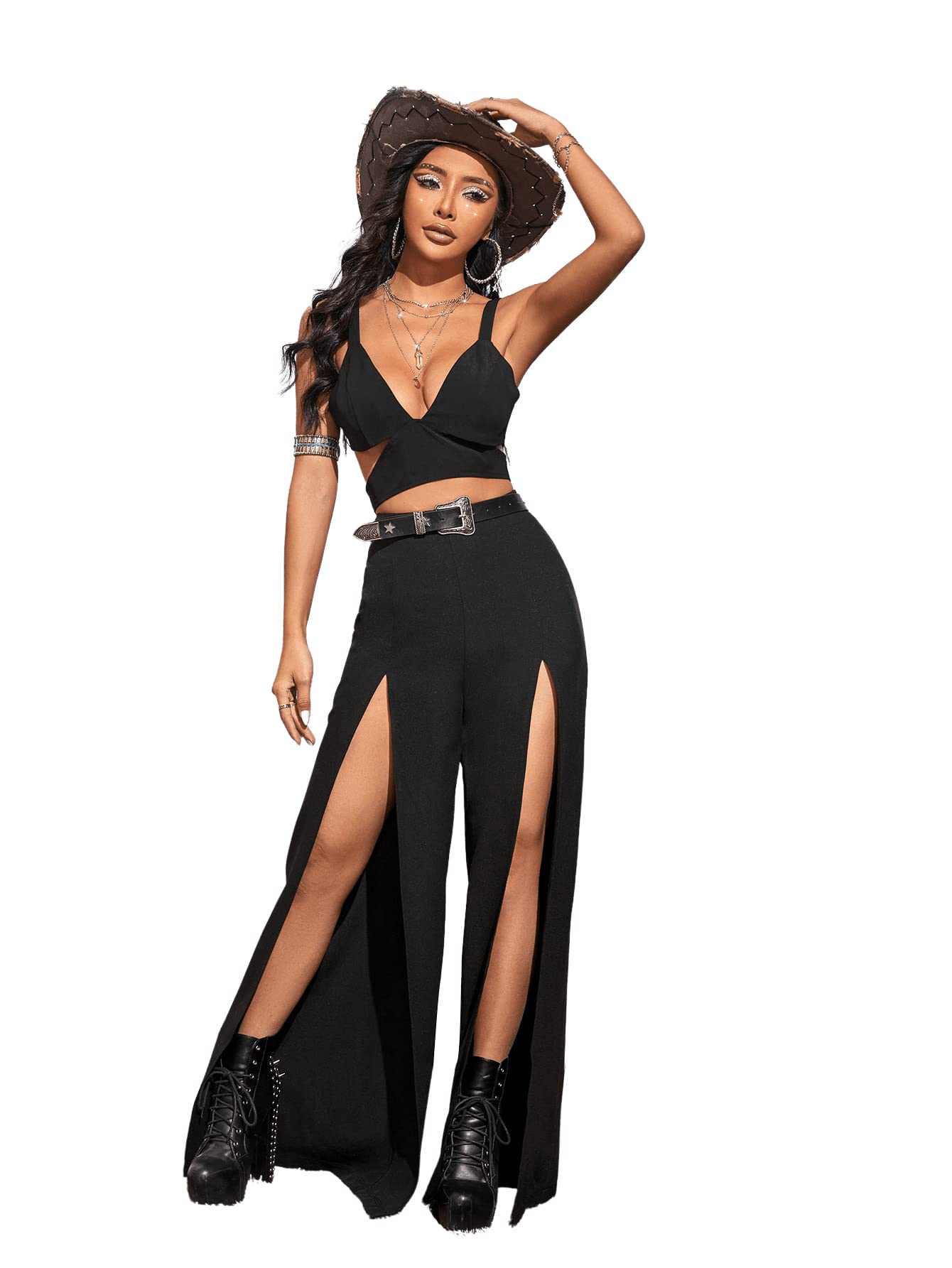 SweatyRocks Women's High Waist Split Thigh Wide Leg Loose Fit Pants Trousers Hot Pink L