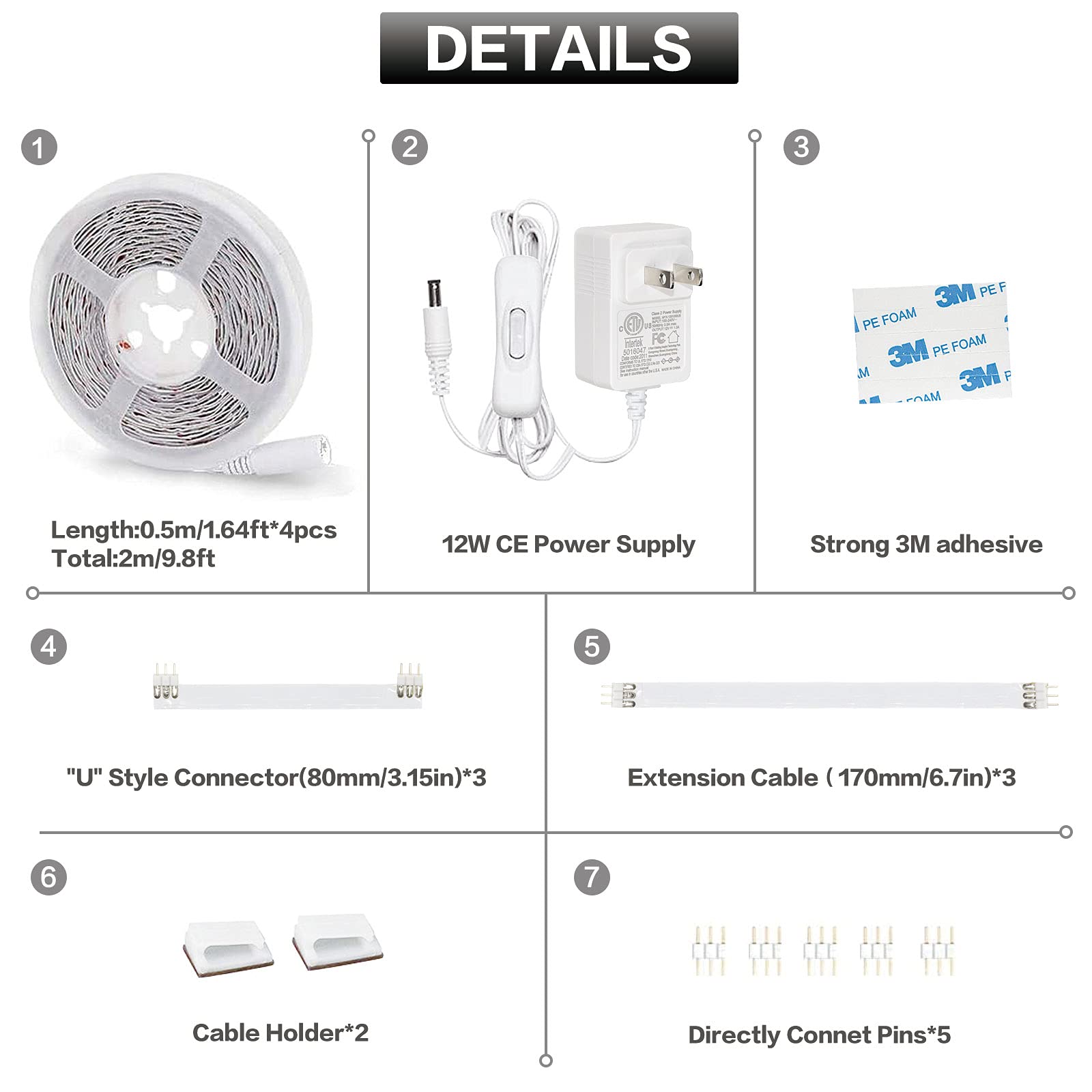 wobsion White Led Strip Lights, Under Counter Lights for Kitchen, Flexible Under Cabinet Led Light for Kitchen,Shelf,Cupboard,Desk,Mirror,6.6 Feet DIY Rope Light,12V DC Power,120 LEDs,6000K,4 Panel