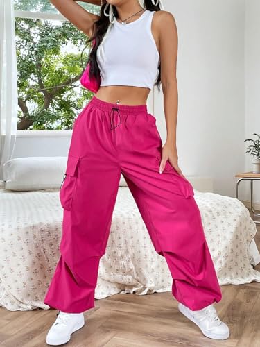 SweatyRocks Women's Drawstring Elastic Waist Loose Pants Casual Flap Pocket Cargo Pants Trousers Hot Pink M