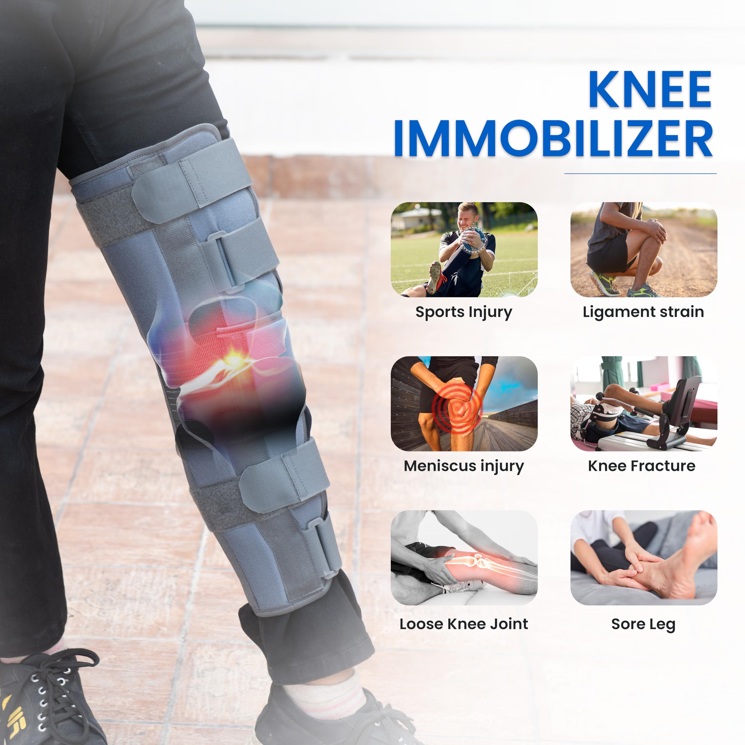 Wonder Care Knee Immobilizer Brace for Knee support for dislocation injuries ligament tear wraparound knee stabilizer splint for men & women (19β long) Grey-Small