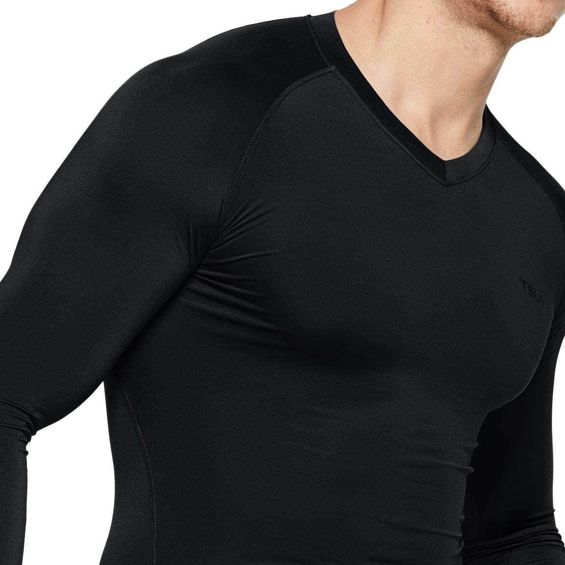 TSLA Men's Tactical V-Neck Long Sleeve Compression Shirts, Cool Dry Athletic Workout Shirt, Active Base Layer T-Shirts, V Neck Black, Medium