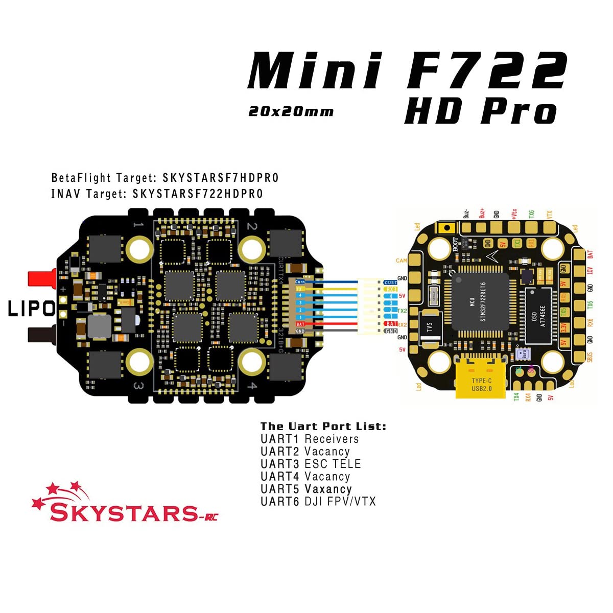 SKYSTARS F722 MINI Flight Controller 55A 4IN1 ESC 20×20mm Stack 3-6S Baro Built-in OSD LED for DJI HD VTX RC FPV Racing Drone Quadcopter