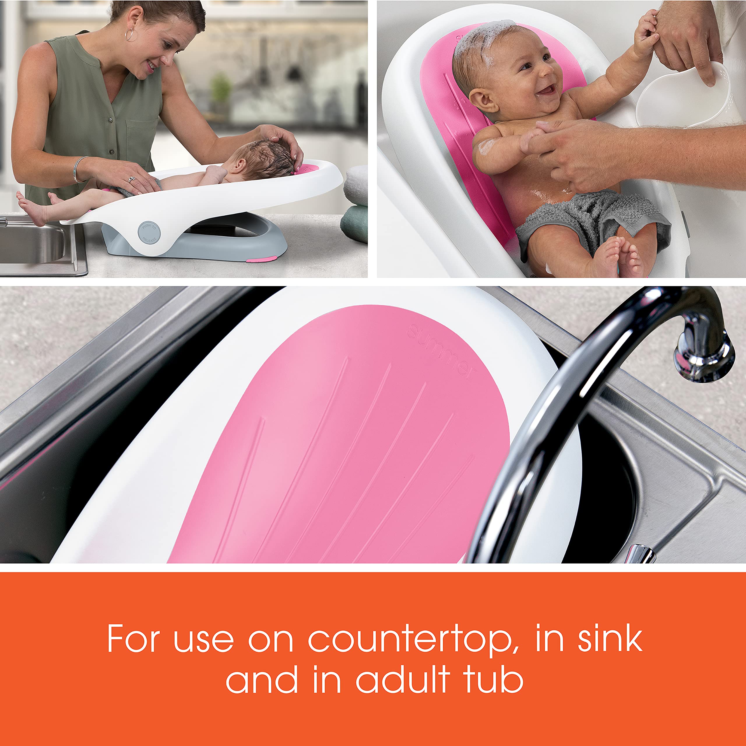 Summer Infant Clean Rinse Baby Bath Seat, Soft Support for Use on the Counter, Sink, or Bathtub, 3 Reclining Positions, Quick-Dry, Use from Birth to Sitting Up - Pink