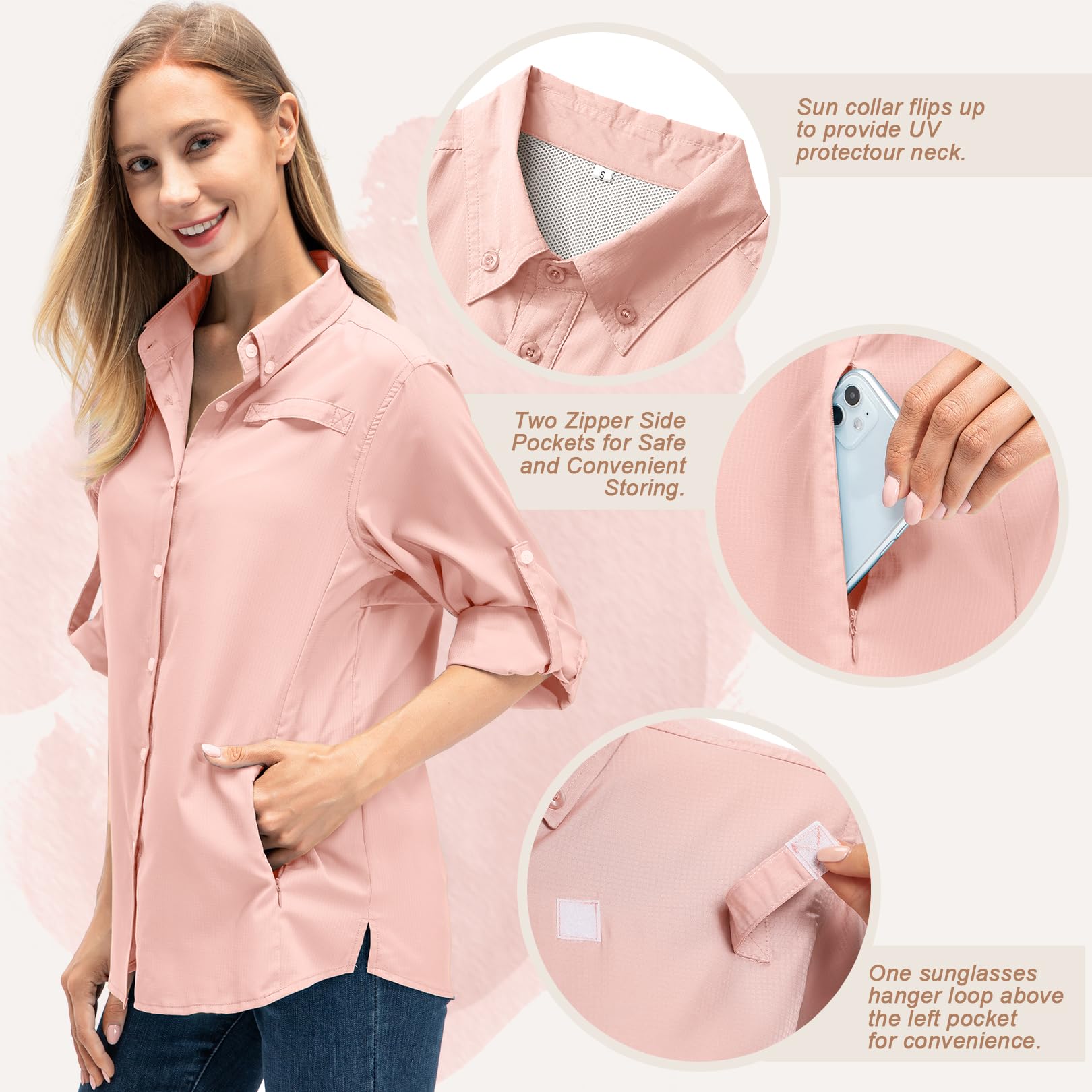 Women's Quick Dry Sun UV Protection Convertible Long Sleeve Shirts for Hiking Camping Fishing Sailing (5024 Pink M)