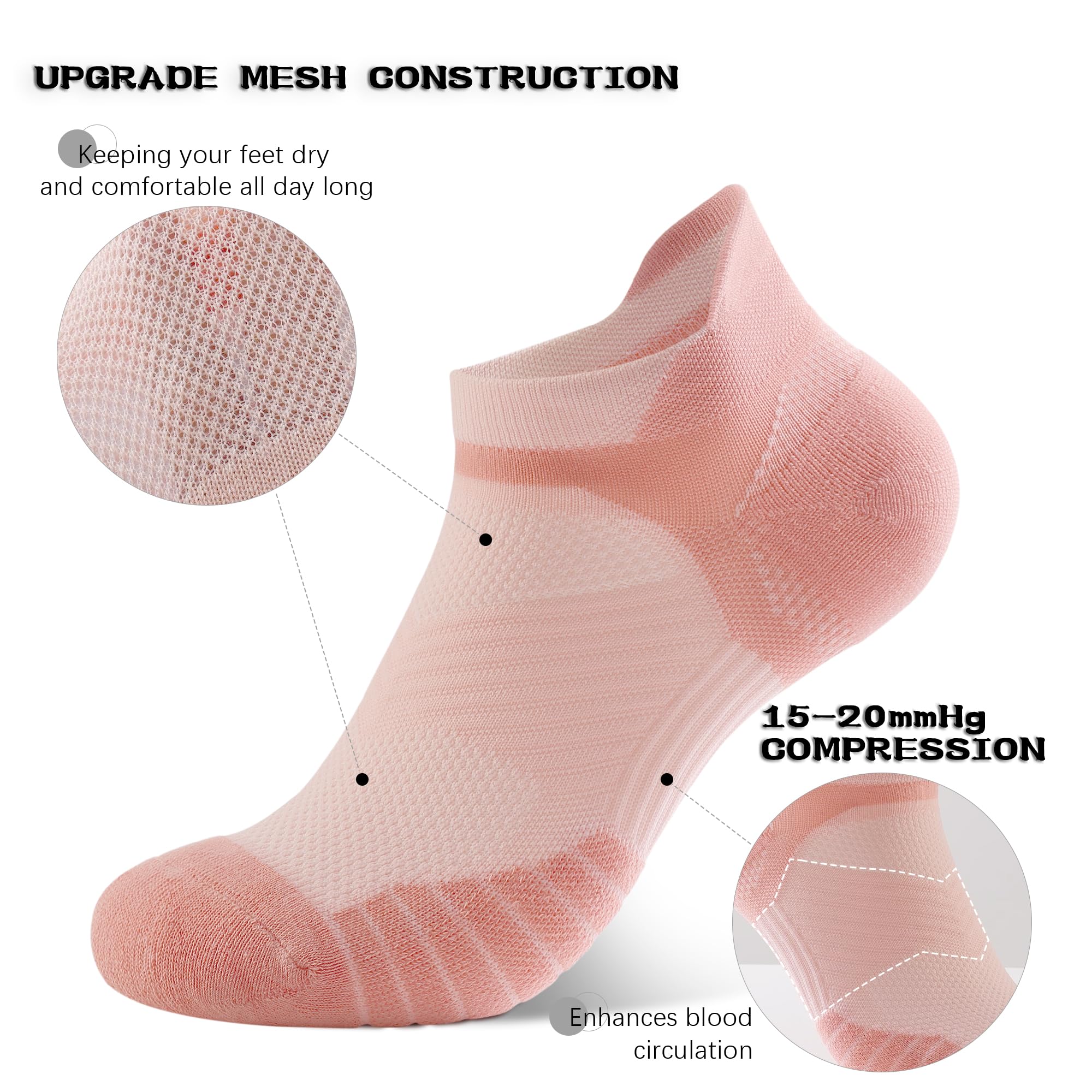 YOJOOM Women Ankle Compression Socks Athletic Running Low Cut Walking Socks for Women Cushioned 5 Pairs (US, Numeric, 6, 8, Regular, Regular, Mixed 6 Color)