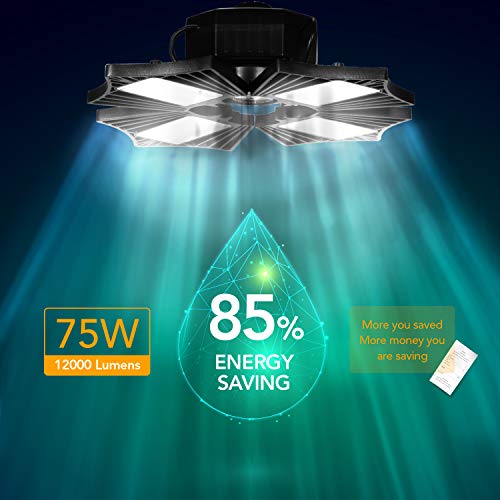 RUN STAR LED Garage Lights 75W,6000 lumens LED Garage Ceiling Light, CRI 80, 6000K Daylight with 4 Adjustable Panels, E26/E27, Shop Light for Garage, Barn, Workshop,Warehouse (Black(1 Pack))