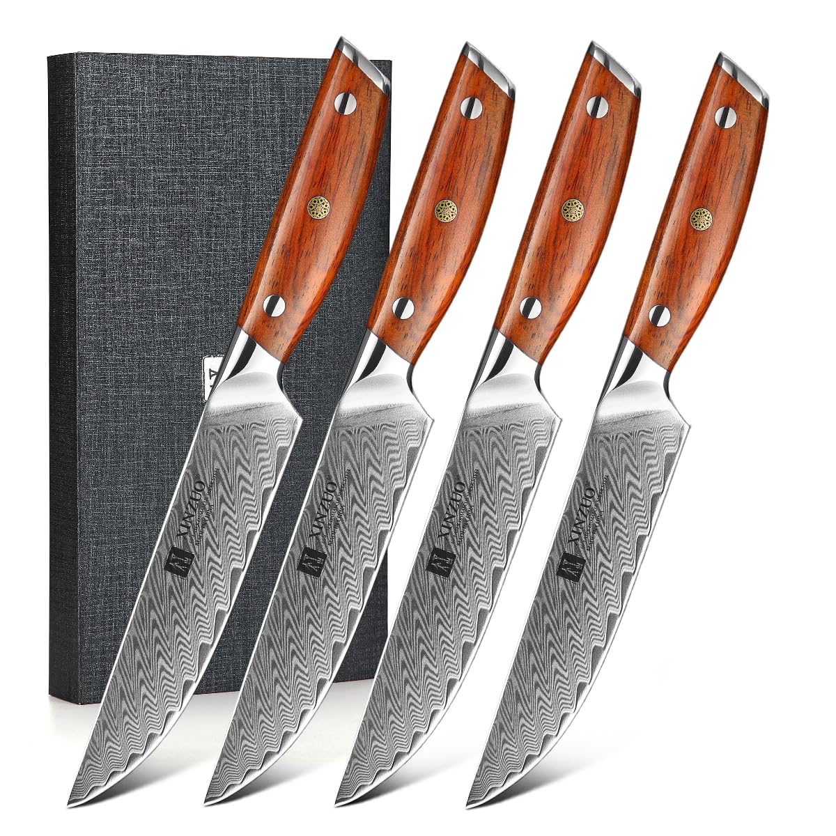 XINZUO Damascus Steel 4Pcs Steak Knife Set, 5 Inch Premium Dinner Knife Set Sharp Kitchen Table Knives -Straight Edge Blade -Triple Rivet -with Gift Box -Ergonomic Rosewood Handle-Yi Series