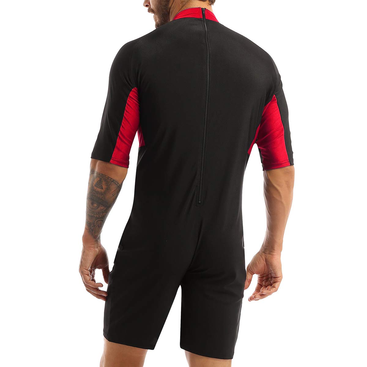 Shinsto Mens One Piece Surfing Diving Shorty Wetsuit Rock Neck Half Sleeve Stretchy Jumpsuit Swimwear Red XX-Large