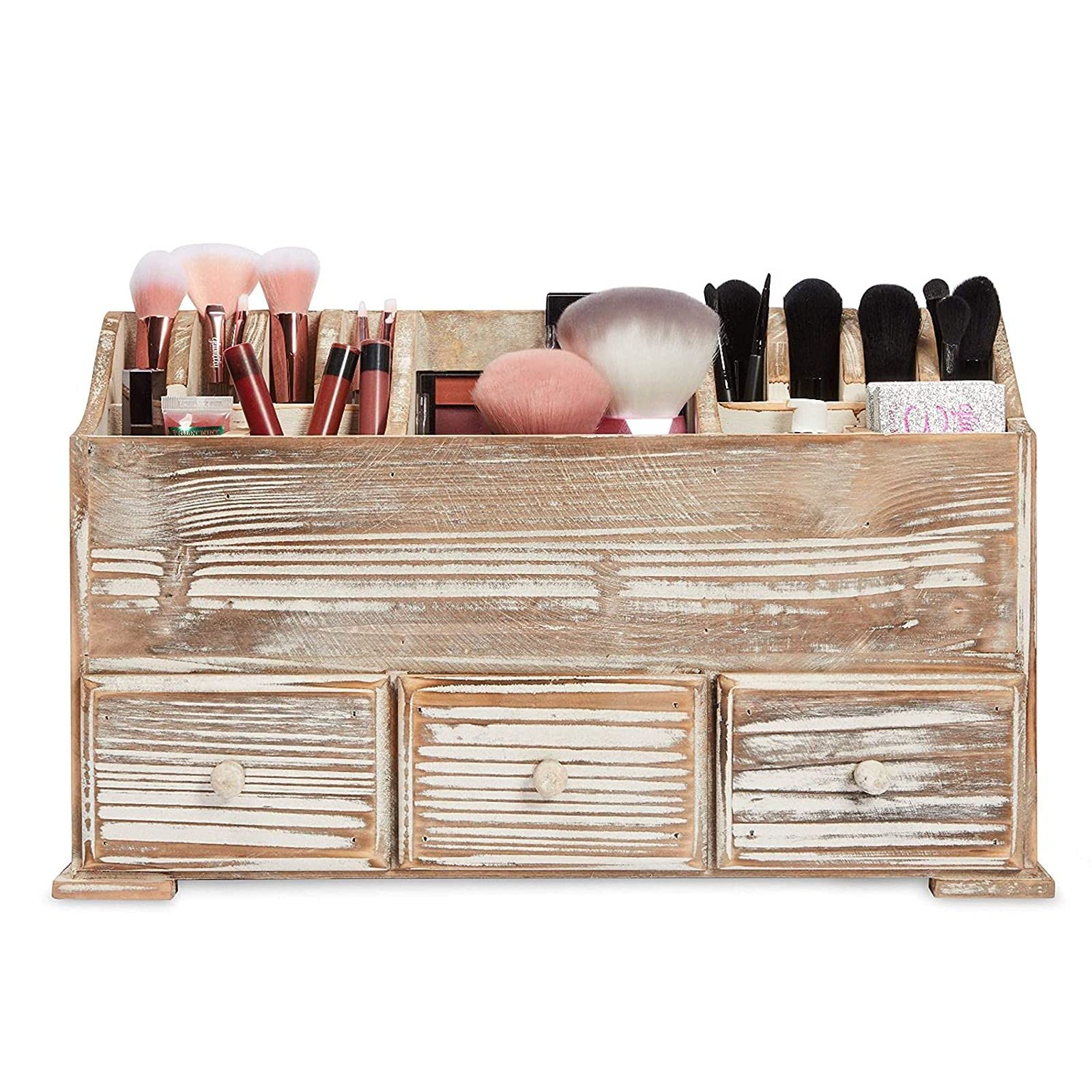 Wooden Makeup Organizer with 3 Drawers for Vanity, Cosmetic Storage for Brushes (15.5 x 9.5 in)