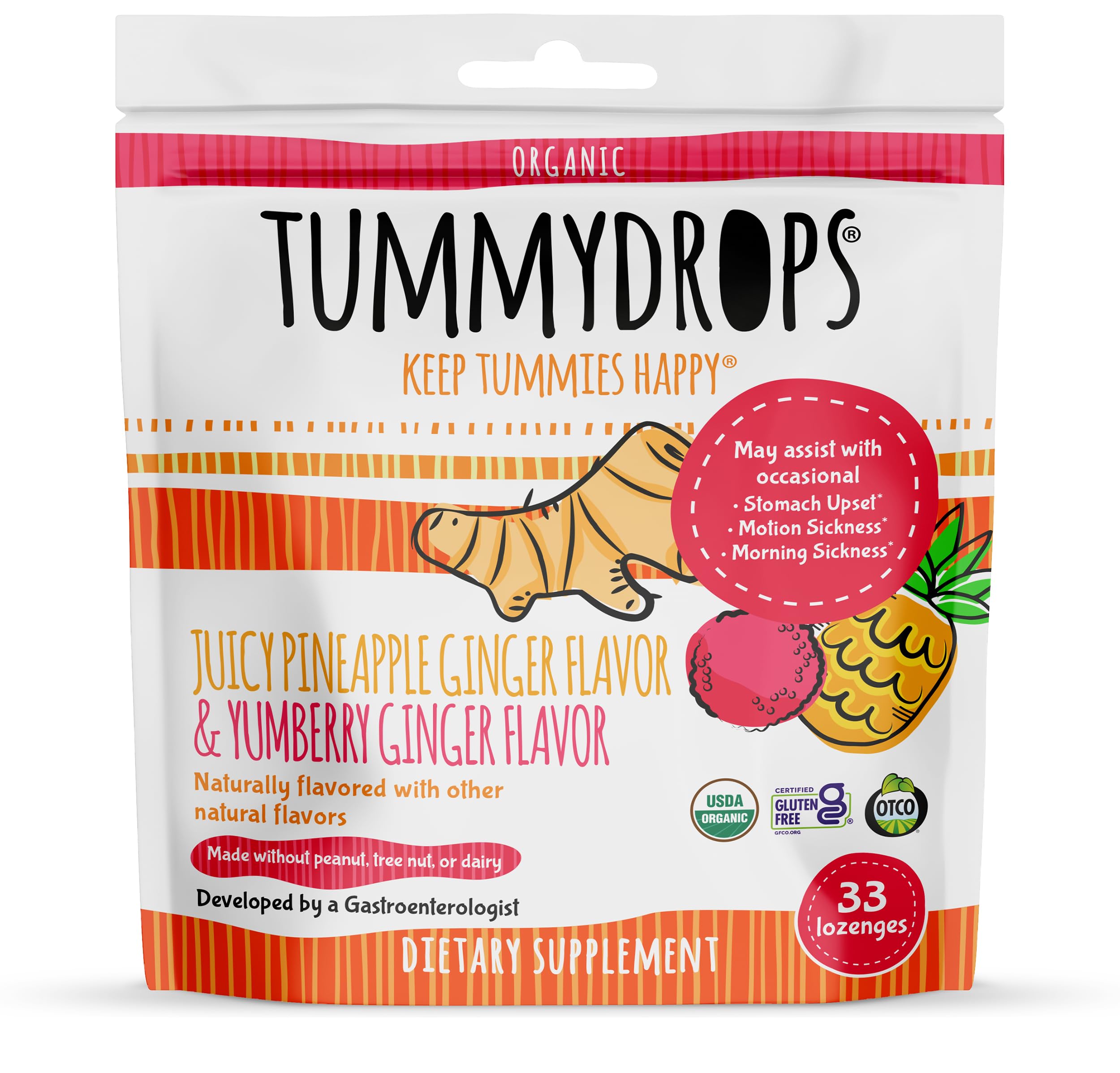 USDA Organic Tropical Ginger Variety Pack Tummydrops (mix of pineapple & yumberry, 33 individually wrapped drops)
