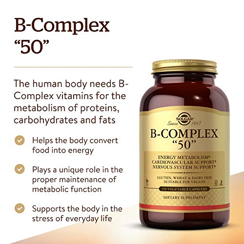 Solgar B-Complex “50”, 250 Vegetable Capsules - Energy Metabolism, Cardiovascular Support, Nervous System Support - Non-GMO, Vegan, Gluten Free, Dairy Free, Kosher, Halal - 250 Servings