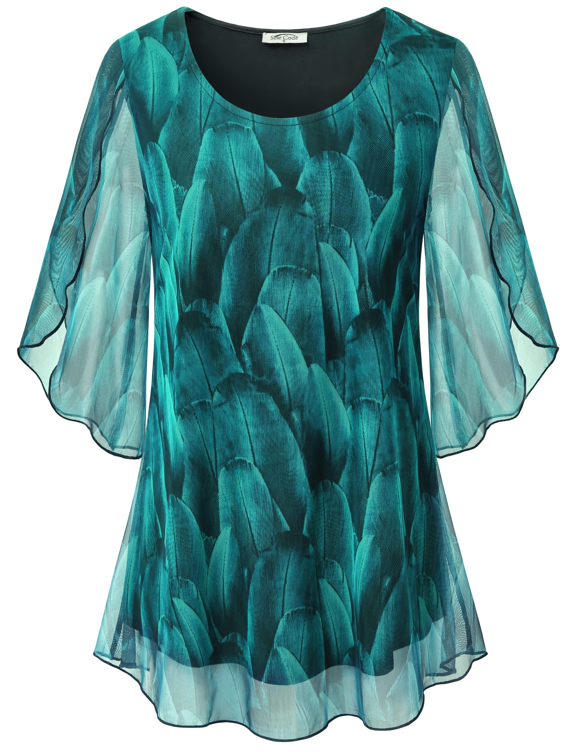 SeSe Code Sheer Tops for Women Chiffon Blouse Mesh Shirt Bell Sleeve Dressy Ladies Tops and Blouses Summer Fashion 2024 Date Night Tops with Elasticity Green M