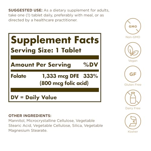 SOLGAR Folate 1,333 mcg DFE (Metafolin 800 mcg) - 100 Tablets - Prenatal Vitamin - Non-GMO, Gluten Free, Dairy Free, Kosher - 100 Servings