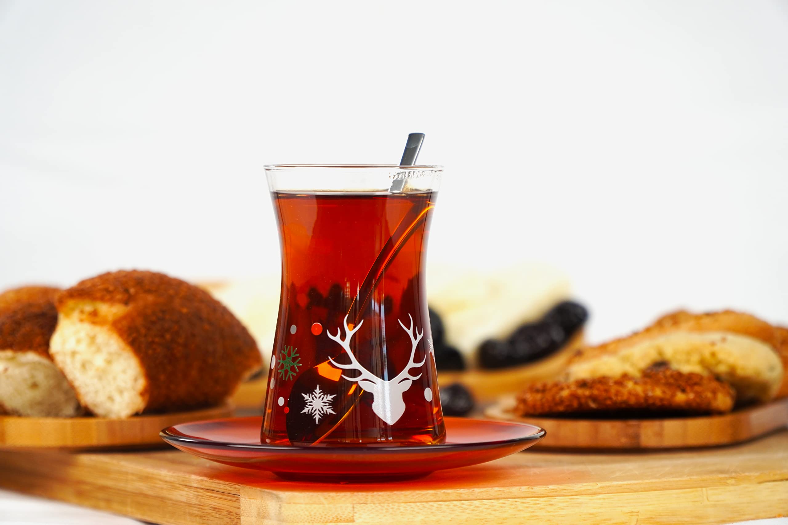 Turkish Tea Set, Turkish Tea Cups, Saucers and Tea Spoons, 6 Glasses, 6 Saucers and 6 Stainless Steel Spoons (18 Pieces), Set For 6 (Christmas)