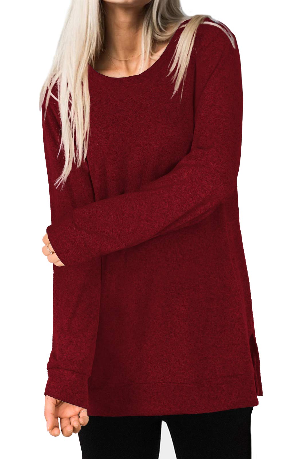 WIHOLL Tunic Sweaters for Women Crew Neck Loose Fit Casual Shirts Deepred M