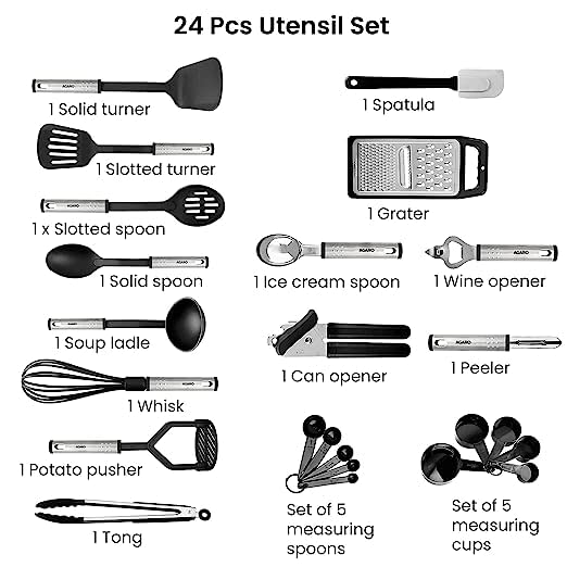 Steel Utensils 24 Pcs Kitchen Utensils Spatula Set Heat Resistant Kitchen Cooking Utensils Cookware Set with Spatula Black (Nylon and Stainless Steel)