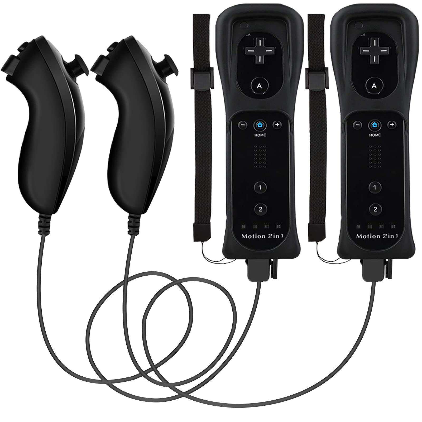 Wii Controller 2 Pack, Wii Remotes with Motion Plus and Nunchucks Compatible with Wii & Wii U Console, Wireless Remote come with Silicone Case and Wrist Strap (2 Black)