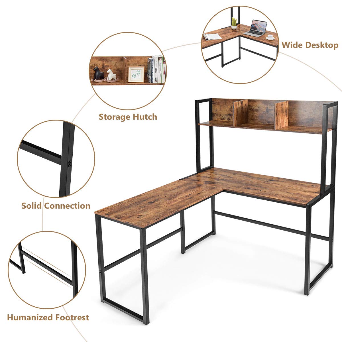 Tangkula Reversible L-Shaped Desk with Hutch, Space Saving Corner Computer Desk with Storage Shelves, Home Office Study Writing Desk Computer Workstation with Storage Bookshelf, Gaming Desk