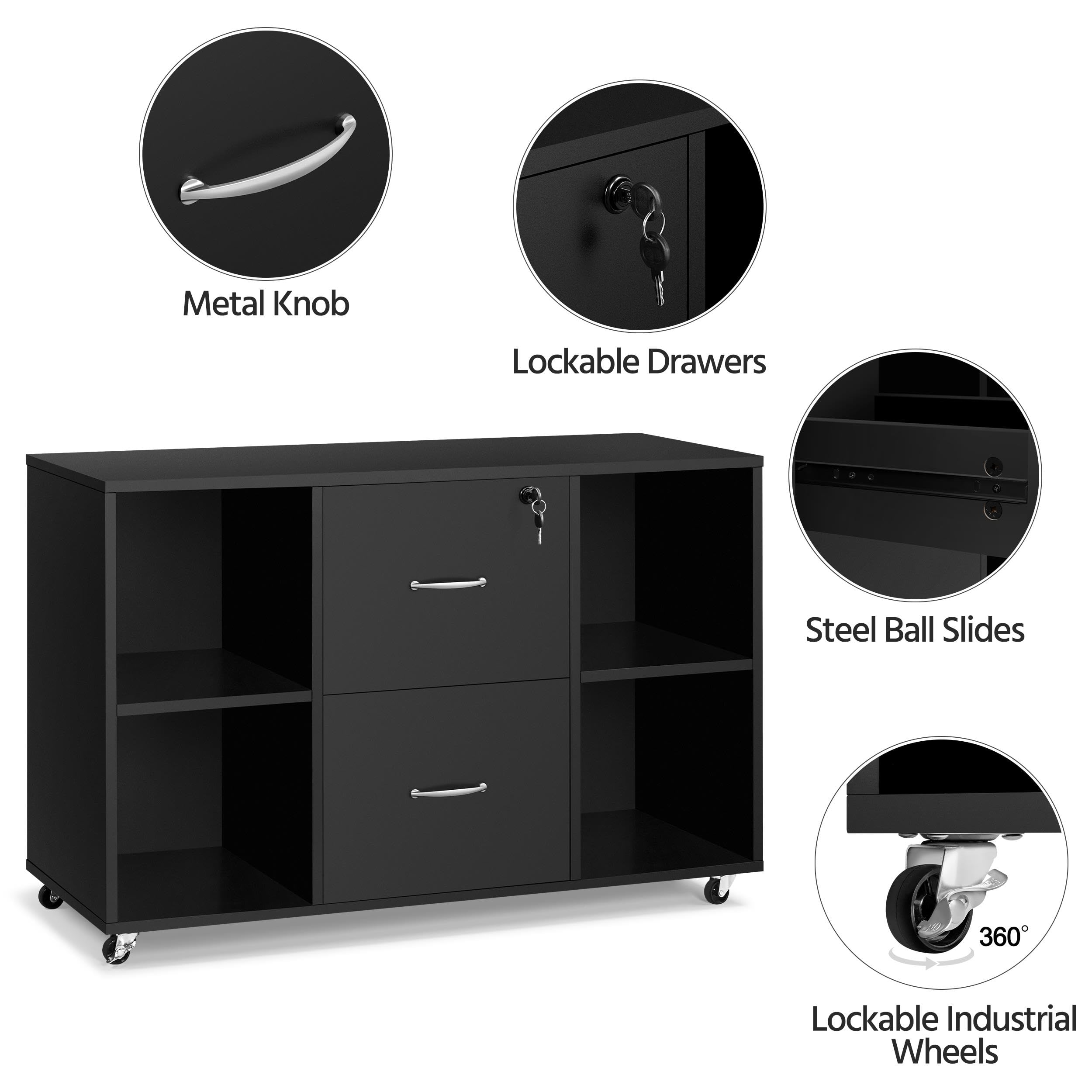 Yaheetech Black File Cabinet Large Mobile Storage Lateral Filing Cabinet with 2 Drawer and 4 Open Compartments,for Letter Size A4 Size, Printer Stand for Home Office, Black