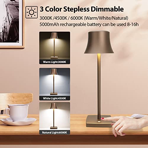 SHANGCAI LED Desk Lamp Cordless Table Light, Rechargeable Battery Powered 3 Levels Brightness Dimmable for Outdoor Portable Hotel Restaurant Dining Study Tables Lamps Brown