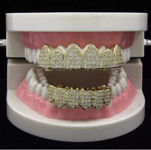 Solid 925 Sterling Silver Real Grillz - 14k Yellow Gold Plated - Iced CZ - Custom Top & Bottom Grills For Teeth - Real Solid Silver NOT BRASS