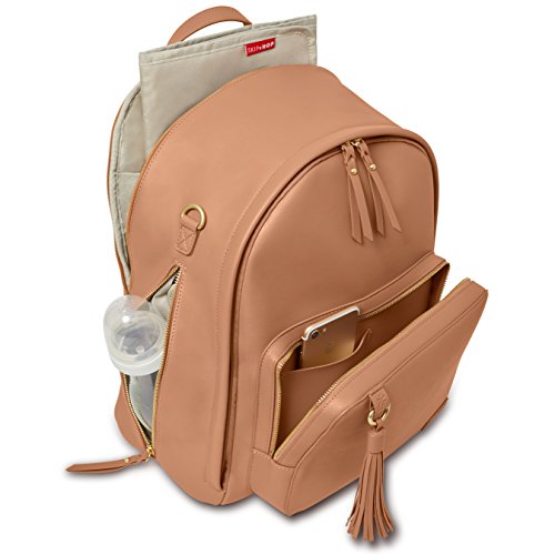 Skip Hop Diaper Bag Backpack: Greenwich Multi-Function Baby Travel Bag with Changing Pad and Stroller Straps, Vegan Leather, Caramel