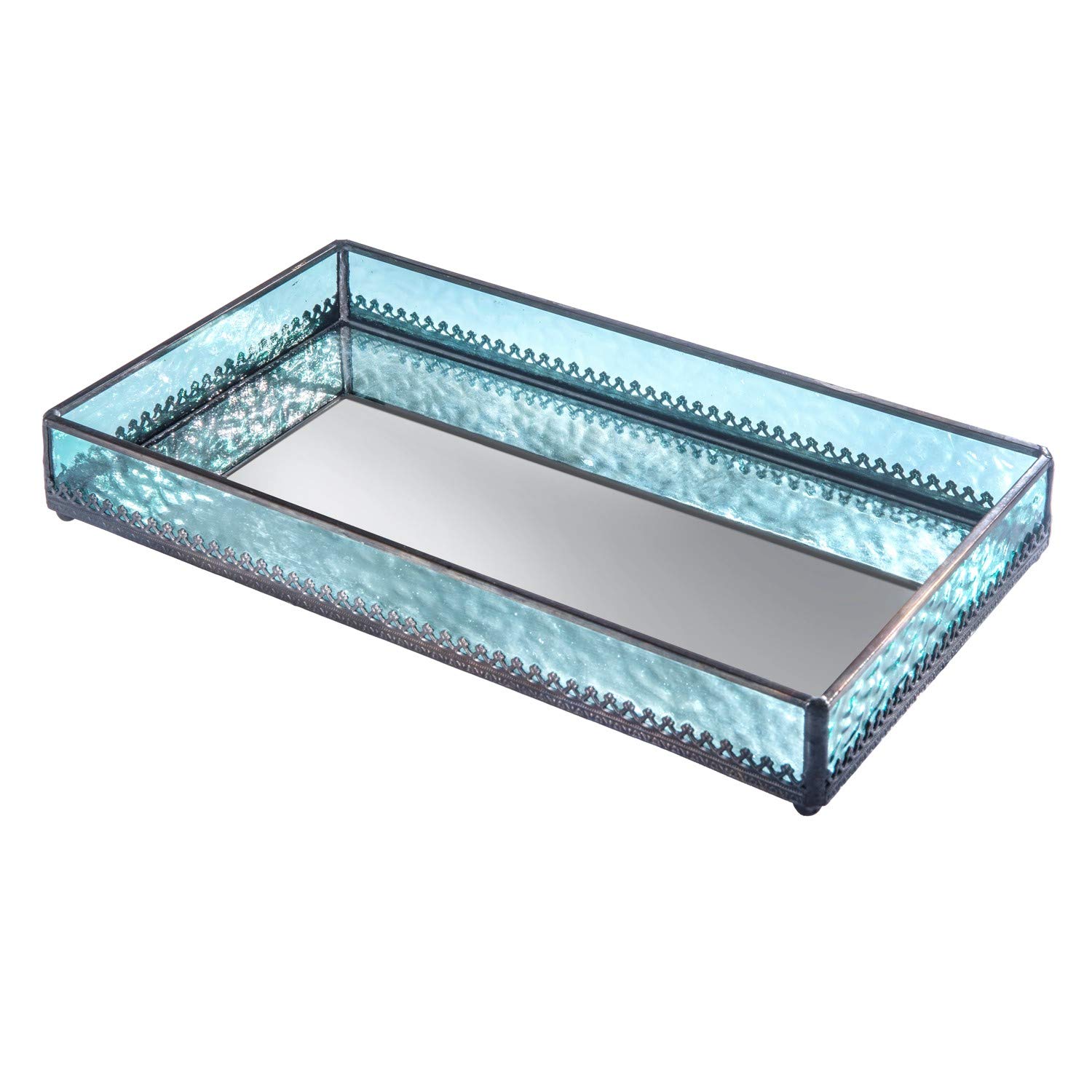Turquoise Blue Glass Tray Mirrored Bottom Decorative Bathroom Vanity Cosmetic Makeup Organizer Jewelry Display Perfume Holder Dresser Home Décor Candle Tray Gift for Woman J Devlin Tra 126