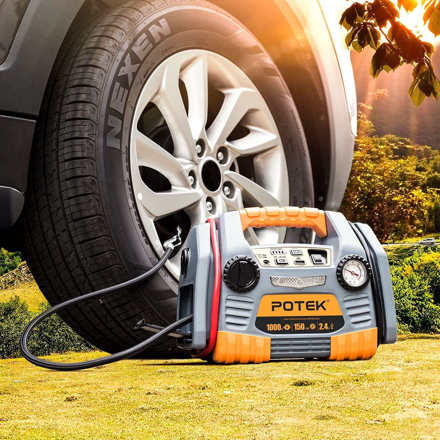 POTEK Jump Starter Source with 150 PSI Tire Inflator/Air Compressor,900 Peak Amps Power Station with 2.4A USB Port