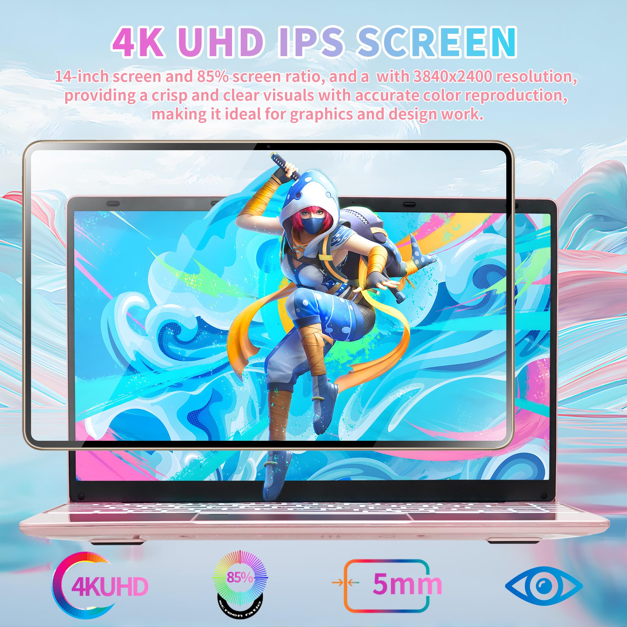 Rumtuk 【Win 11 Pro/Office 2019】4K Laptop 14'' Narrow Bezel UHD (3840x2160) IPS Display,Celeron N5095 CPU,16GB RAM,256GB SSD,Color Backlit KB,Fingerprint Reader,WIFI,Bluetooth,HDMI,Rose Gold(16G+256G)