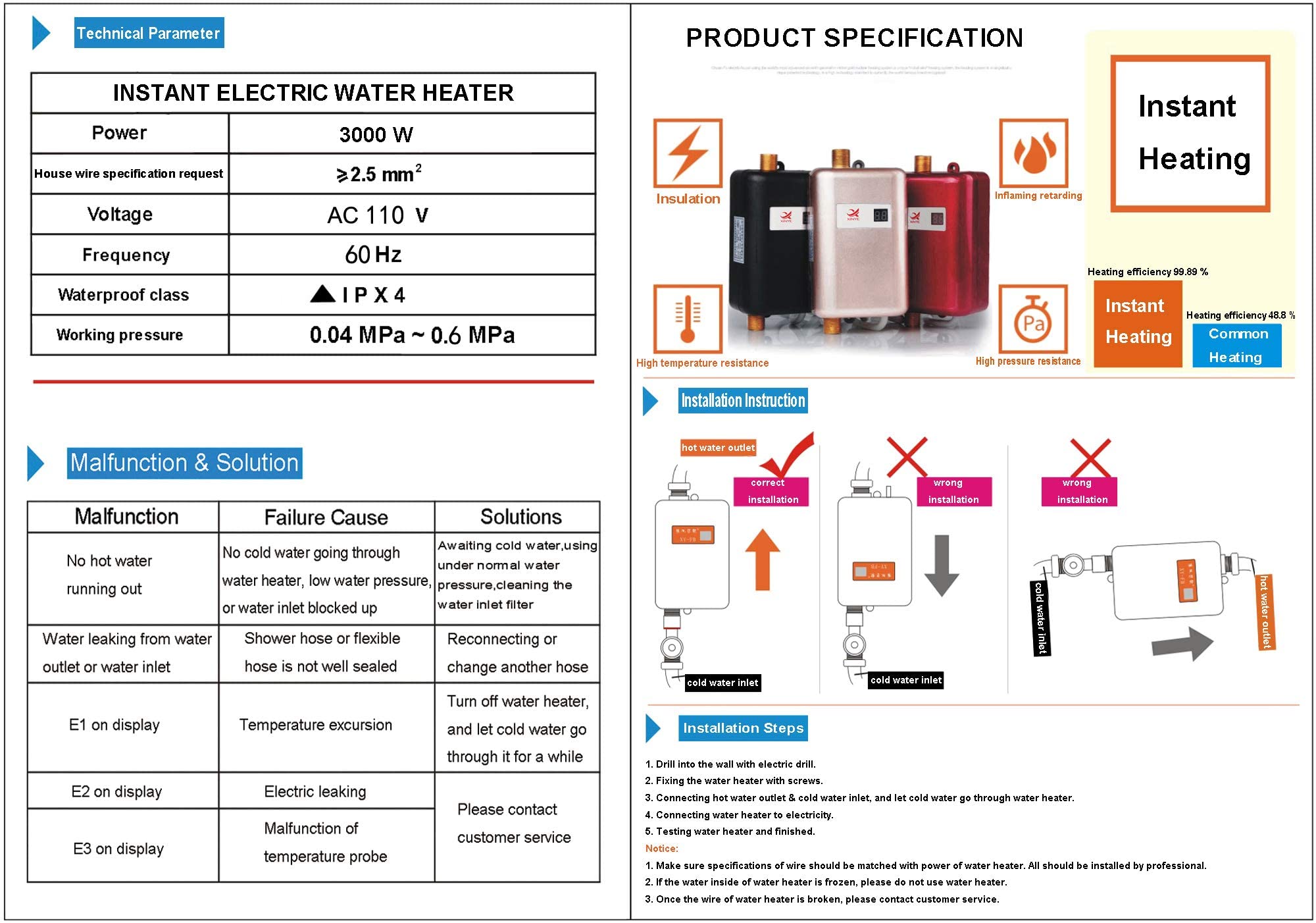Tankless Water Heater - 3000W Mini Electric Instant Water Heater Under Sink with LCD Display for Home Kitchen Washing US Plug 110V, 7.87 x 4.13inch Wall Mounted (Gold) 30-55℃