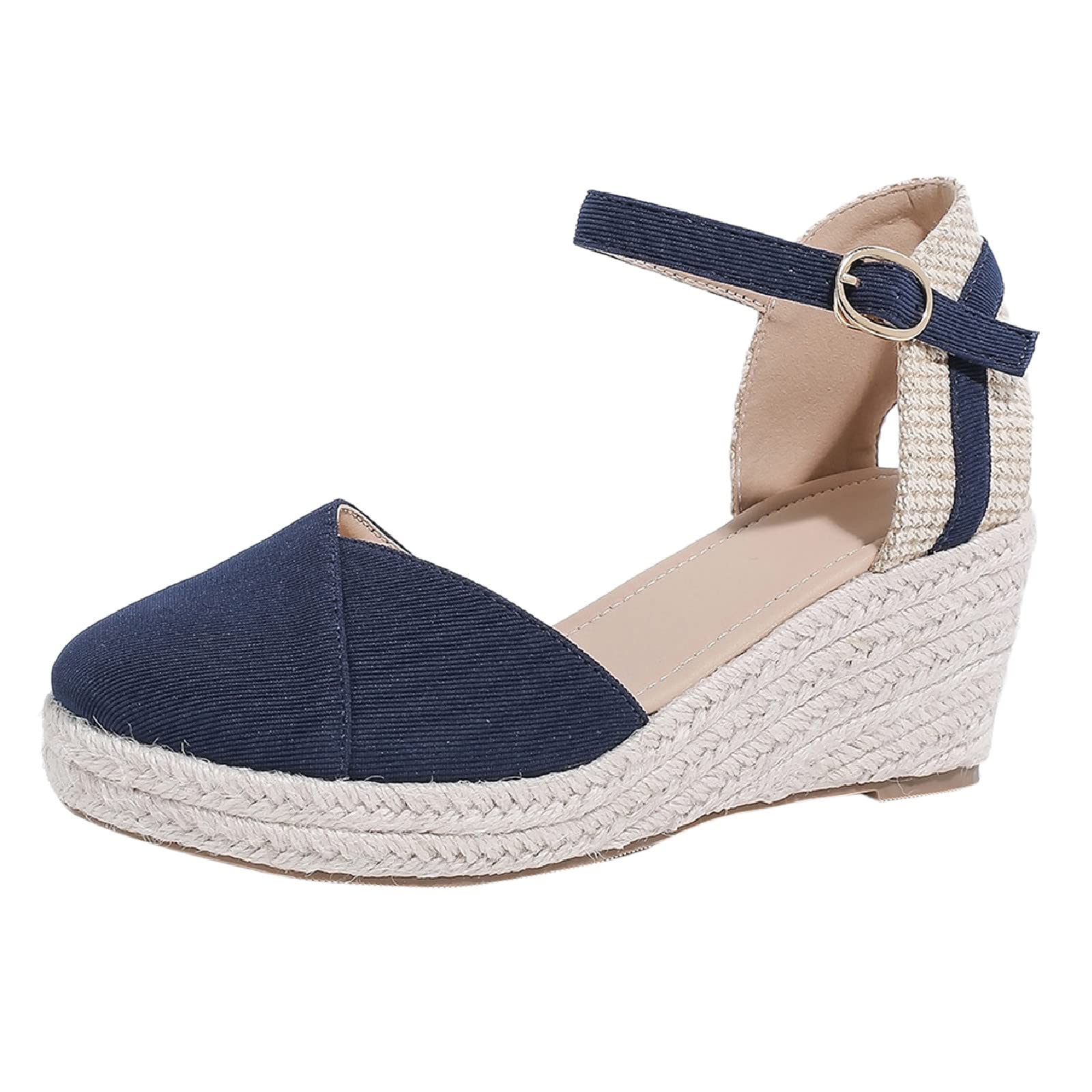 Women Sandals Summer New Pattern Linen Fashion Round Toe Thick Sole Wedge Comfortable Non Womens Lace up Sandals Size 11 (Blue, 6.5)