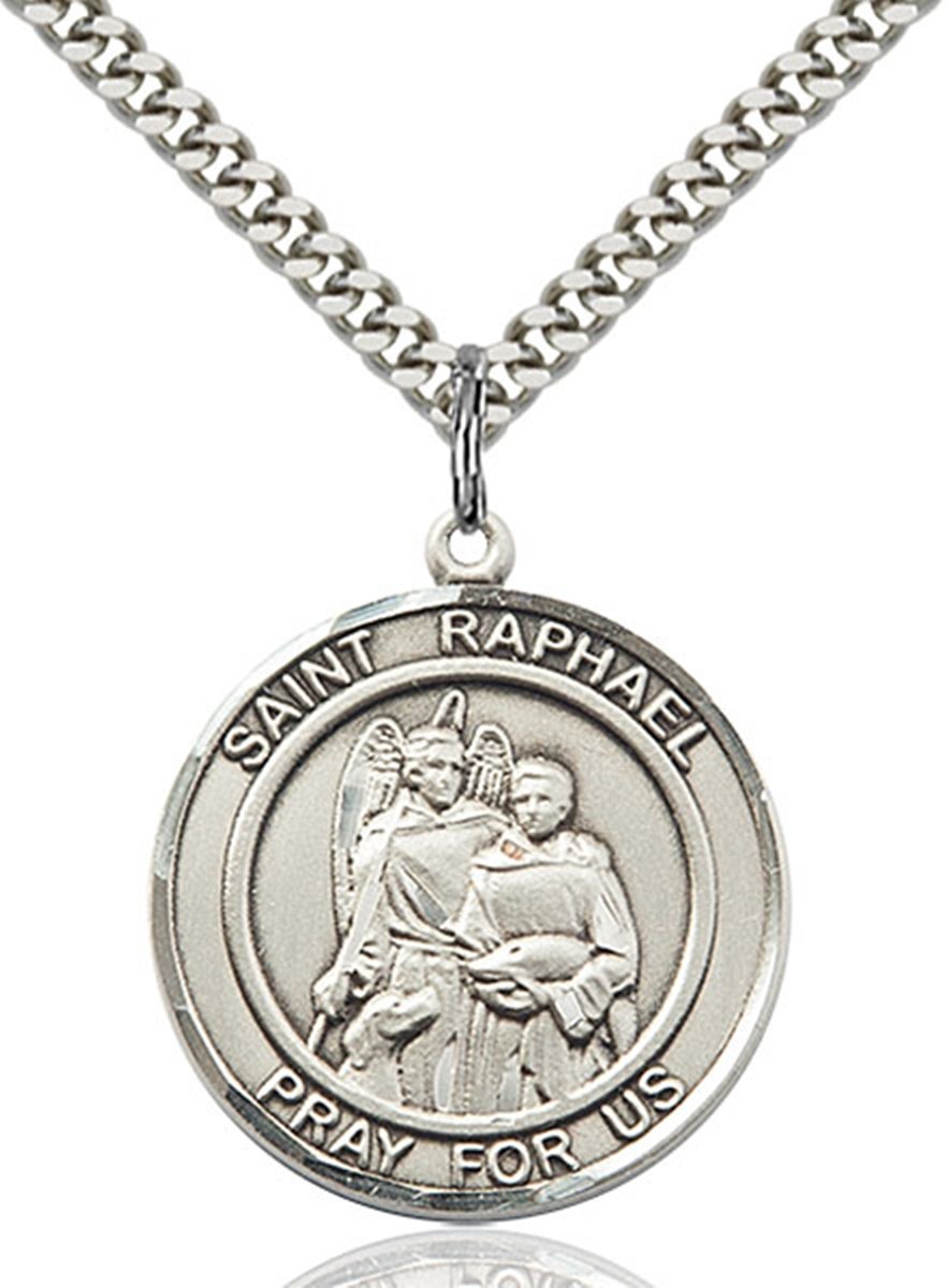 Sterling Silver Round Catholic Saint Raphael the Archangel Medal Pendant, 1 Inch