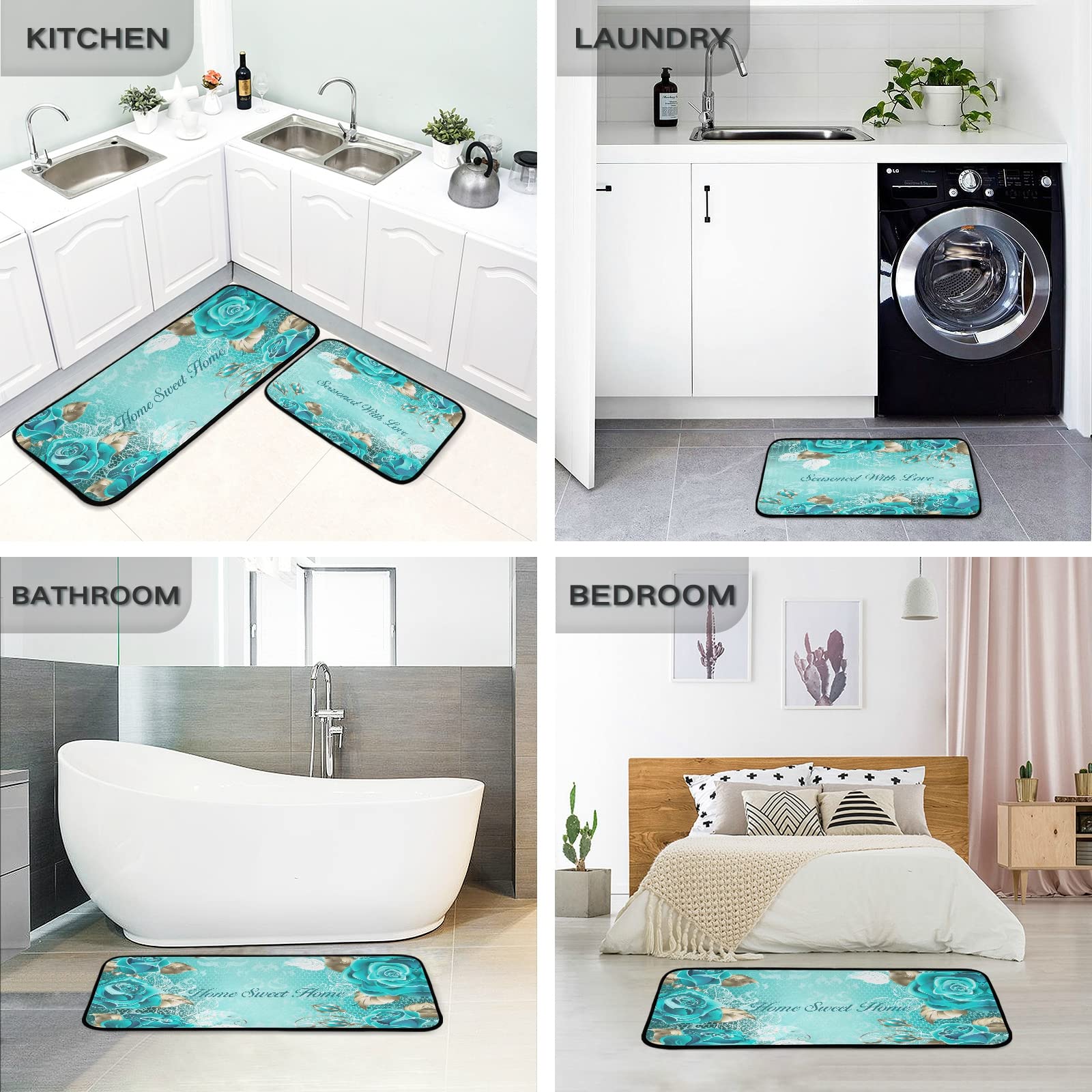 Turquoise Kitchen Rugs and Mats 2 Piece Non Slip Washable Teal Runner Rug Set for Floor Rose Kitchen Decor and Accessories Sweet Home Seasoned Love