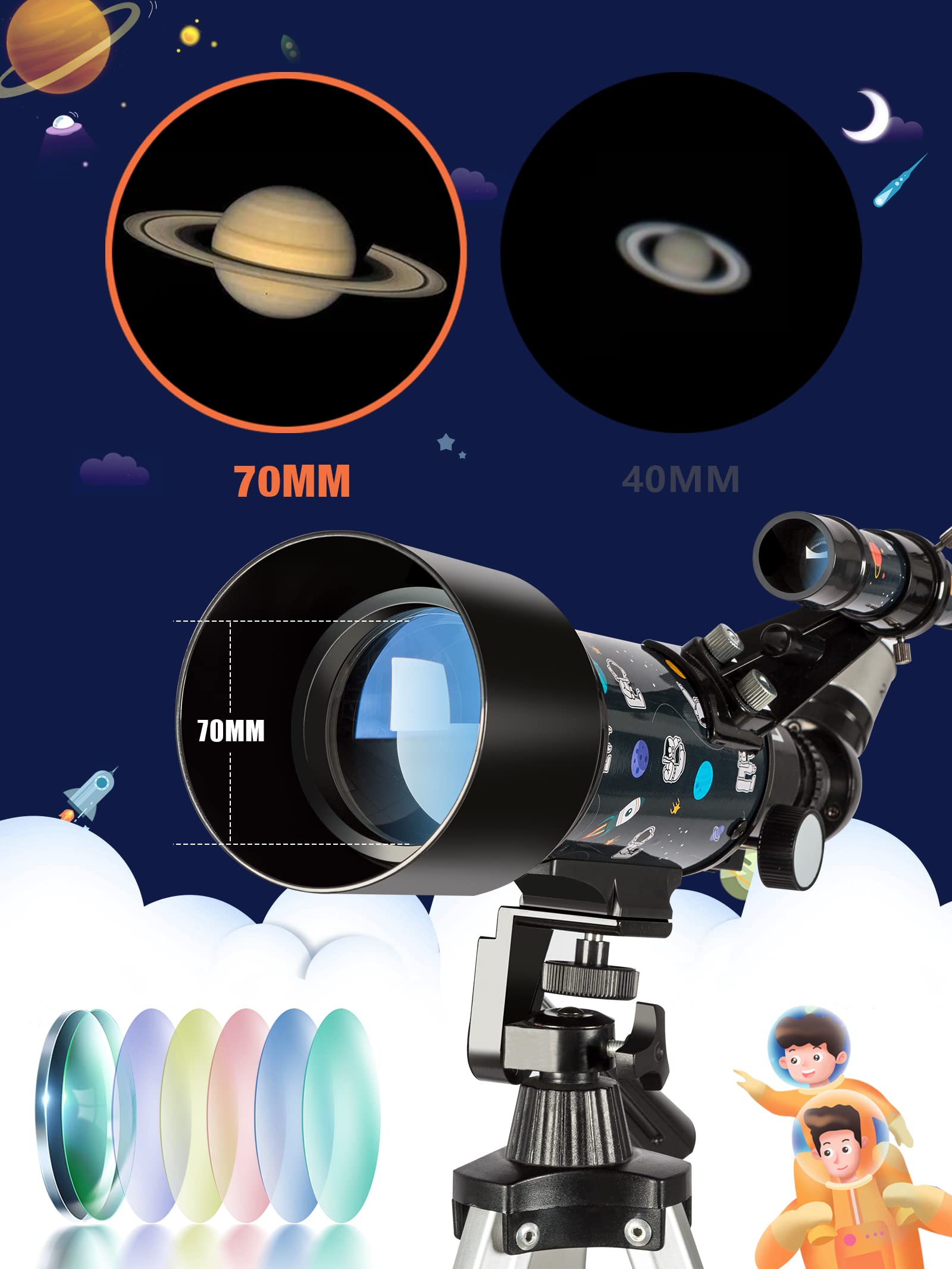 Telescope for Kids Adults Astronomy Beginners over 8 Years Old, 70mm Aperture Astronomical Refractor Telescopes with Phone Adapter & Wireless Remote, Astronomy Space for Christmas Birthday
