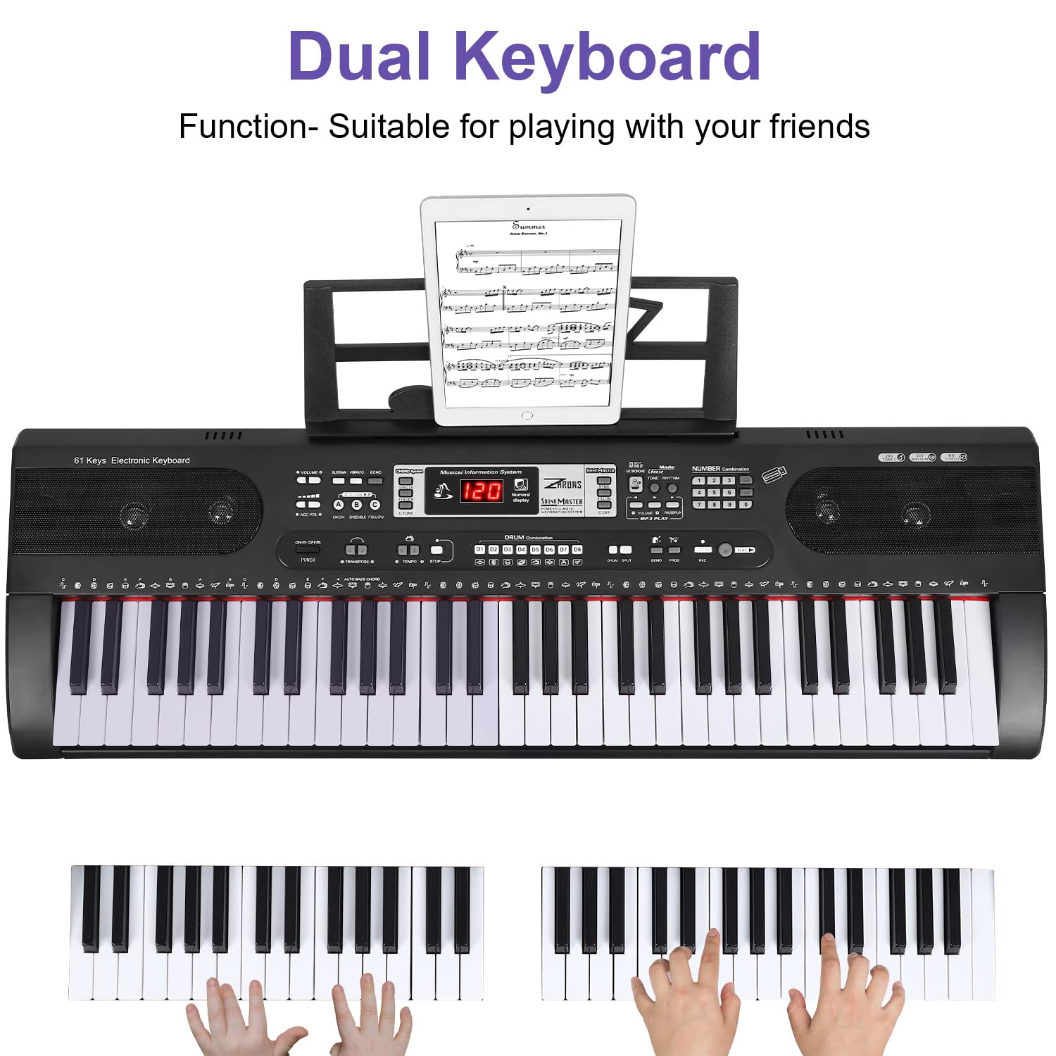 ZHRUNS Electric Keyboard Piano 61-Key, Multifunctional Musical Piano Keyboard Portable with Headphone Jack & Microphone,USB MP3 Play, Dual Power Supply,Music Sheet Stand for Beginners/Adults