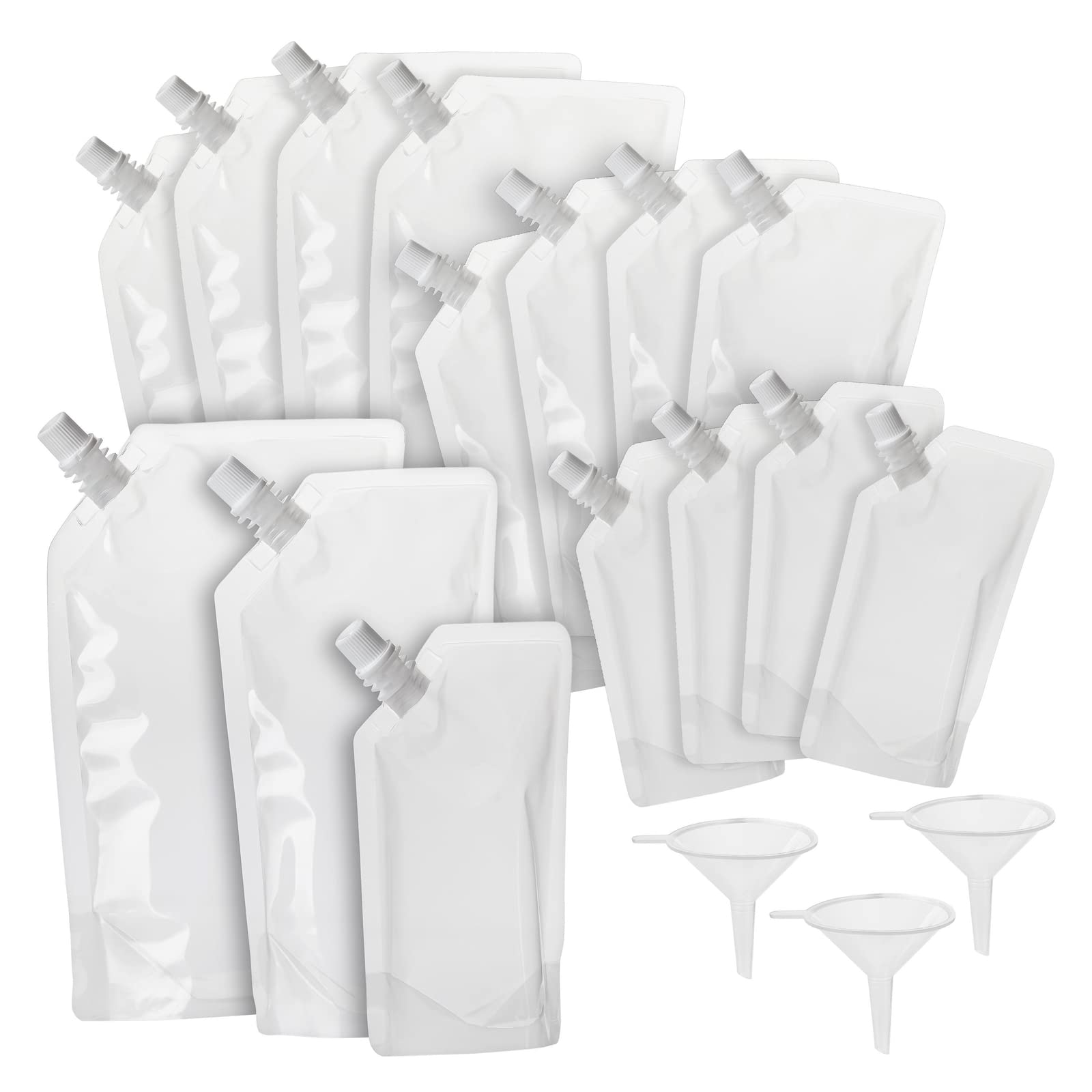 Stockroom Plus 30 Pack Reusable Adult Plastic Drink Pouches with Funnels for Juice, Soda, Liquor (8, 16, 32 Ounces)