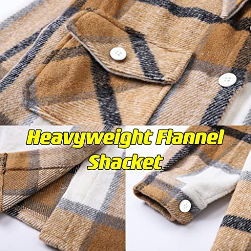 SANGTREE Mens Plaid Flannel Shirt Jacket Long Sleeve Button Down Shacket, Khaki Plaid, Medium