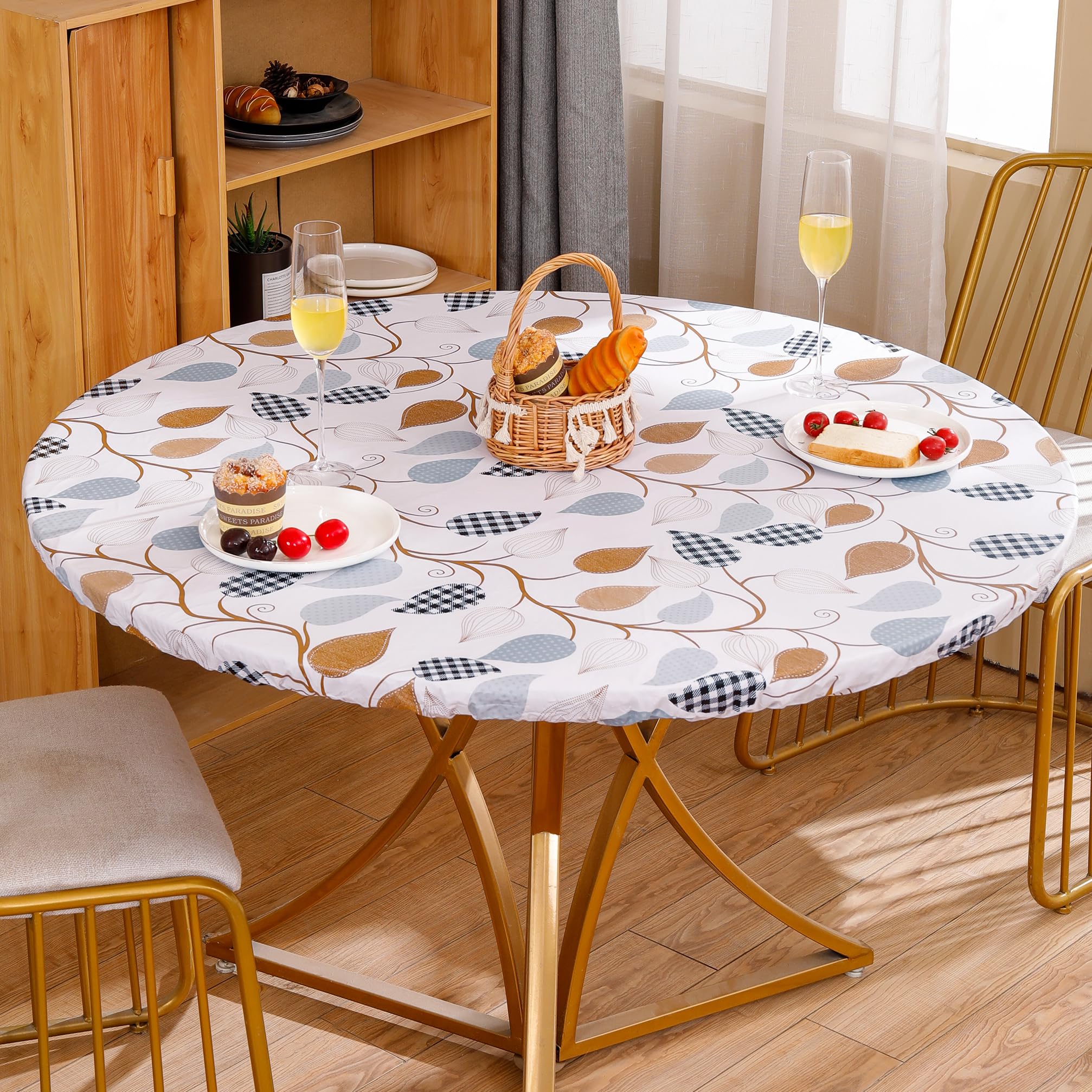 Round Vinyl Fitted Tablecloth with Flannel Backing Elastic Edge Design Table Cover Waterproof Oil-Proof PVC Table Cloth Stain-Resistant Wipeable for Round Table