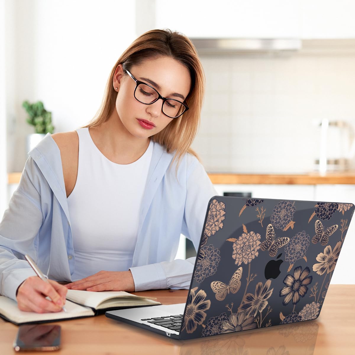 Teryeefi for MacBook Air M2 M3 13.6 Case 2022 2023 2024 Release A2681 A3113, Clear Hard Shell with Keyboard Cover & USB 3.0 Adapter & Screen Protector, Gold Floral Butterfly