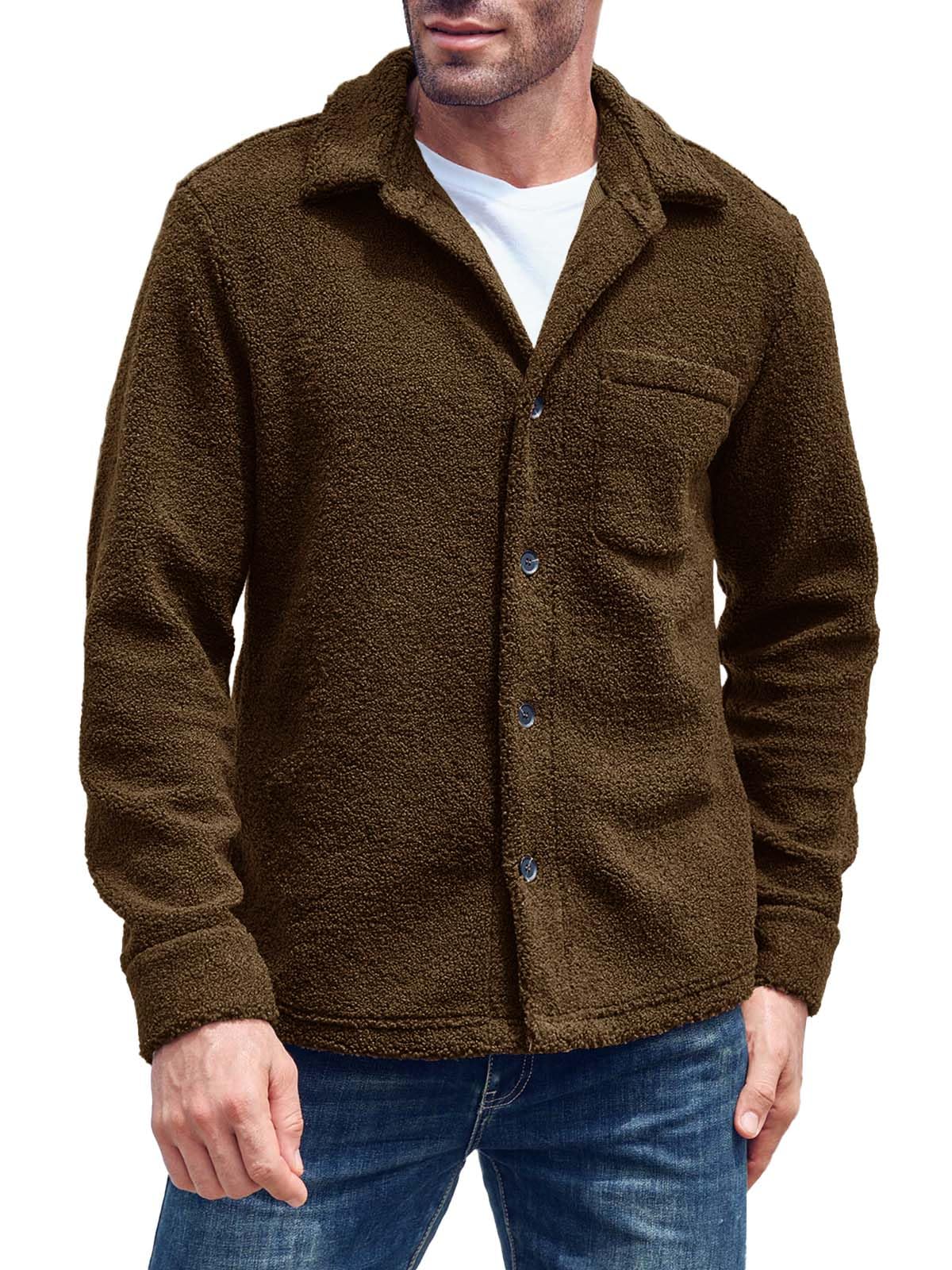 Runcati Mens Fleece Sherpa Jacket Button Down Fall Winter Casual Lightweight Fuzzy Shacket