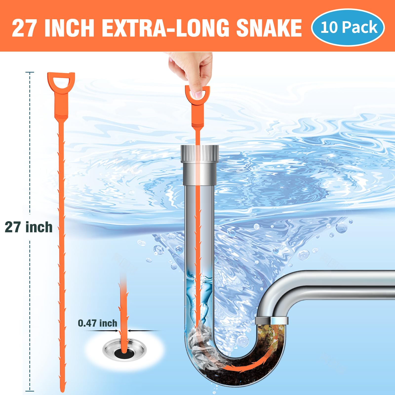 reliahom 10 Pack 27inch Long Drain Clog Remover, Drain Snake Clog Remover Tool Drain Cleaner Hair Clog Remover Sink Snake Drain Hair Catcher for Shower Kitchen Sink Bathroom Tub Sewer