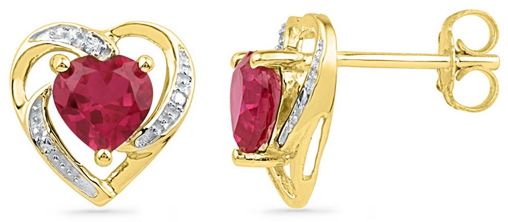 Solid 10k Yellow Gold Heart Round Red Simulated Ruby And White Diamond Classic Solitaire One Stone Halo Prong Set Stud Earrings (.01 cttw)