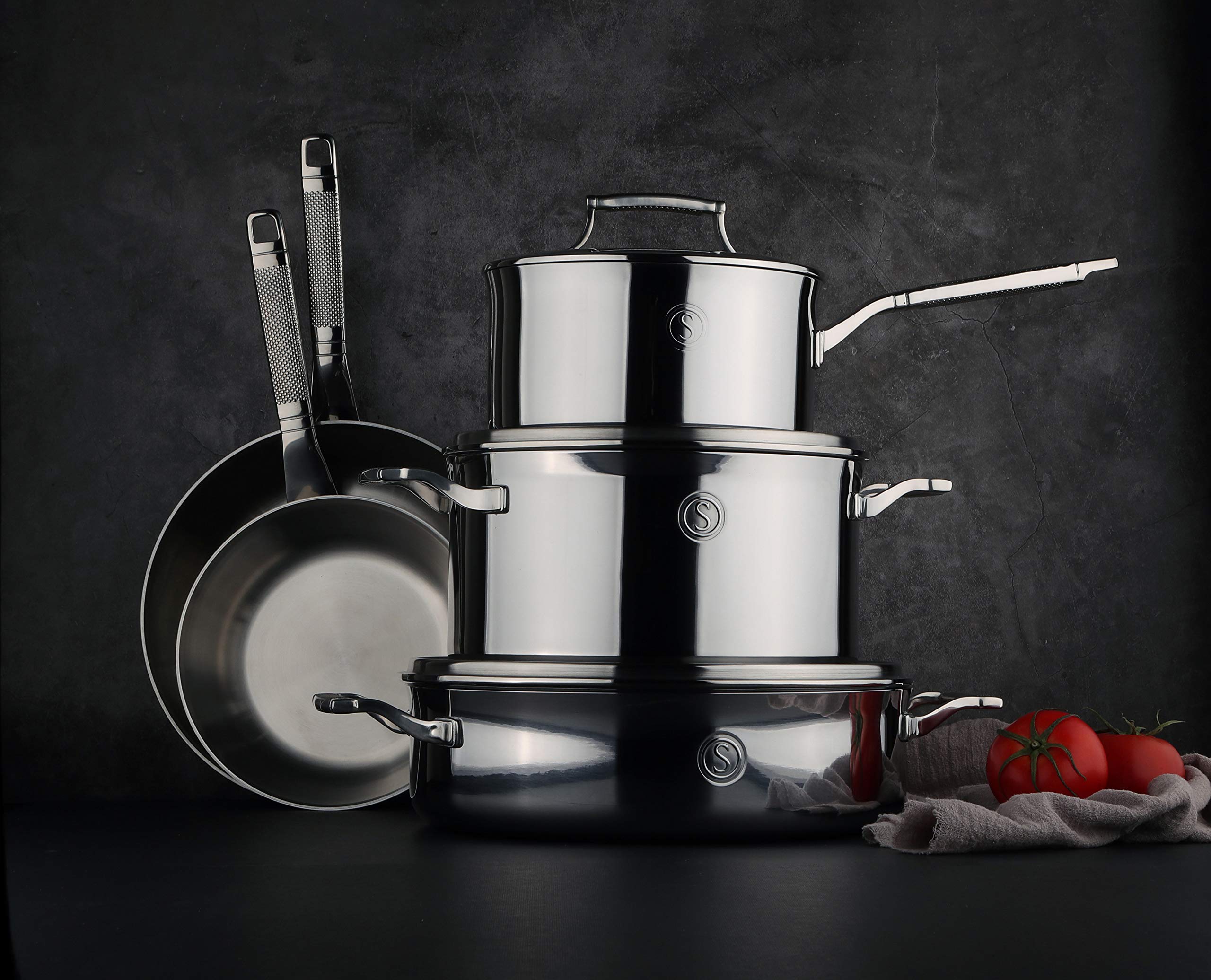SAVEUR SELECTS 8-piece Tri-ply Stainless Steel Cookware Set, 5 Essential Pots and Pans, 3 Interchangeable Lids, Induction-ready, Dishwasher Safe, Voyage Series