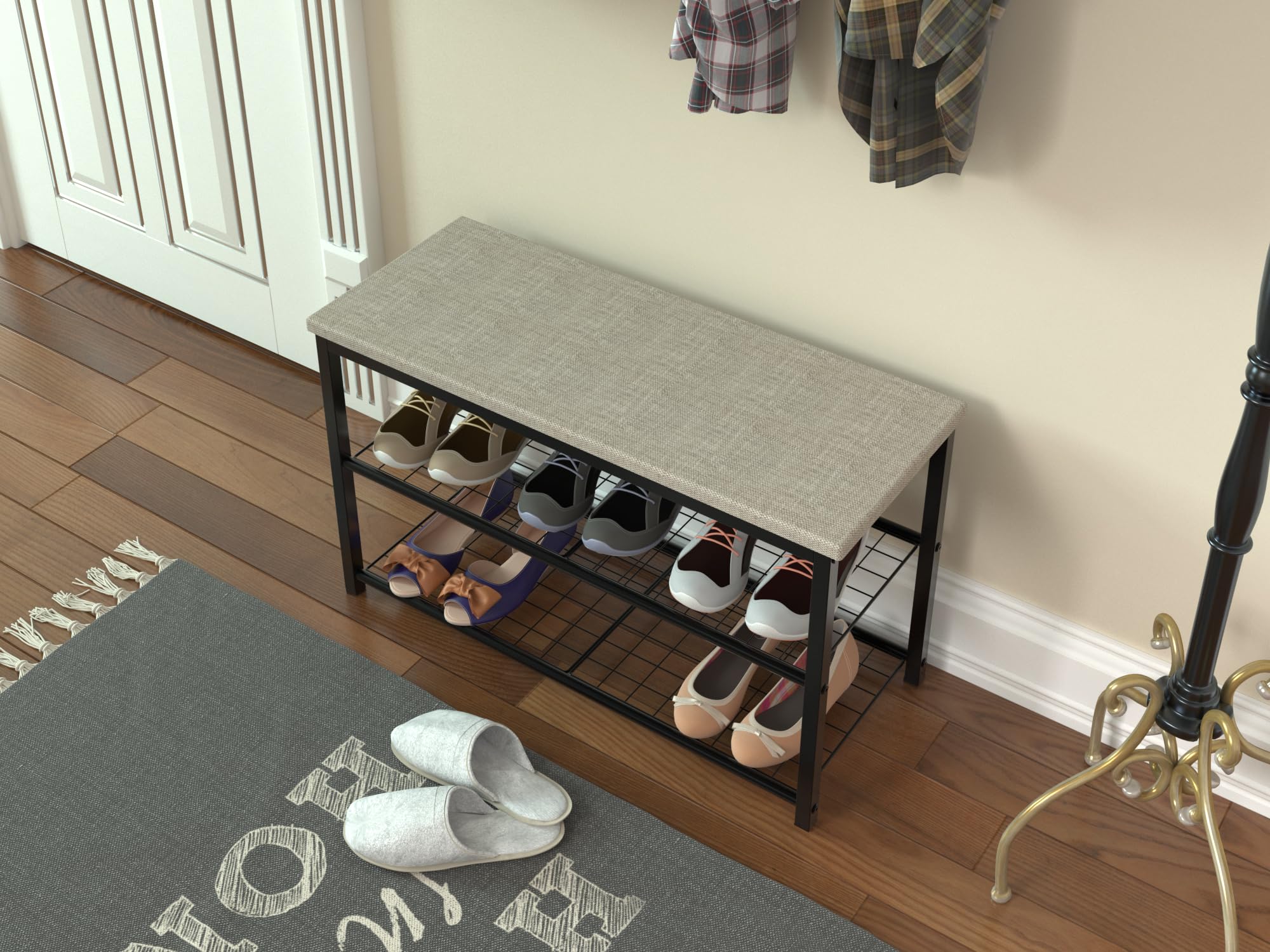 Rooflare Shoe Bench, 3 Tiers Shoe Rack for Entryway, Storage Organizer with Two Iron Shelf and top for Board, Shoe Shelf, Metal Steel Frame, Black, Durable