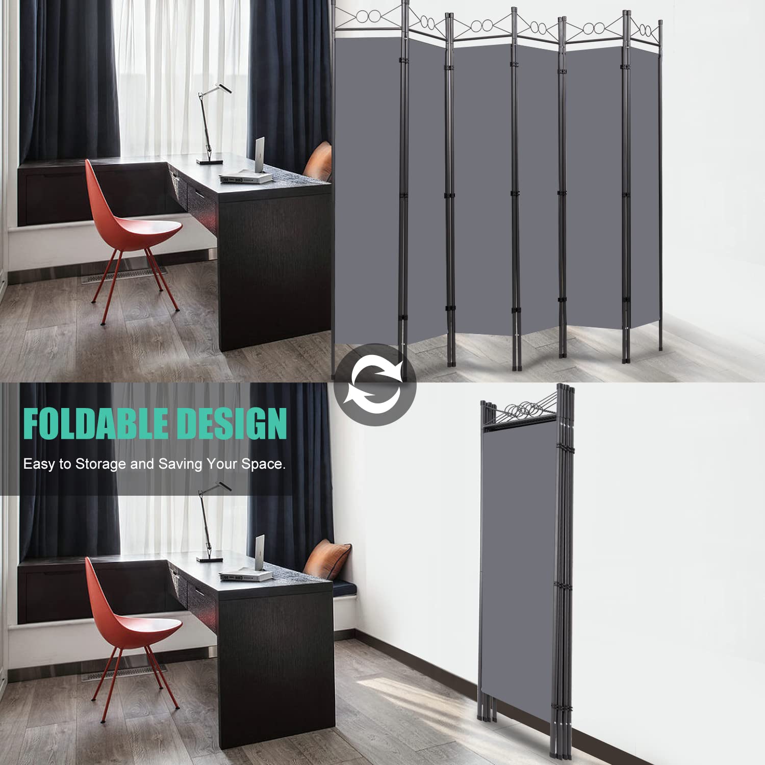 Room Divider 4 Panel Tall Room Dividers and Folding Privacy Screens, 6 Ft Indoor Divider Room Fabric Panel W/Matel Frame, Freestanding Wall Divider Screen, Partition Room Dividers for Office, Dorm